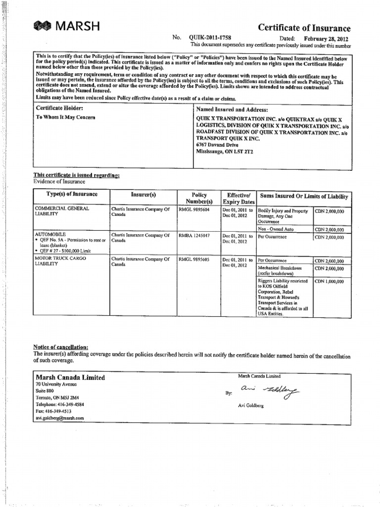 Certificate of Insurance | PDF