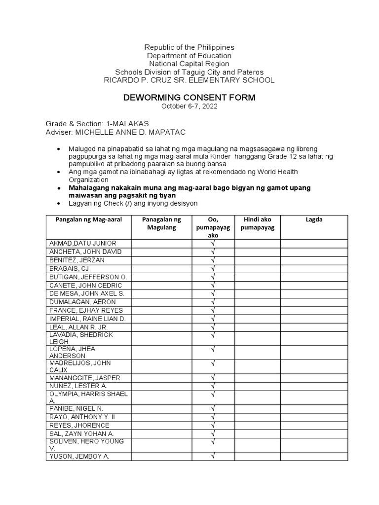 Deworming Consent Form | PDF