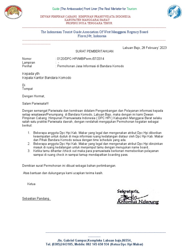 Surat Pemberitahuan Kenaikan Tour Guide Fee | PDF