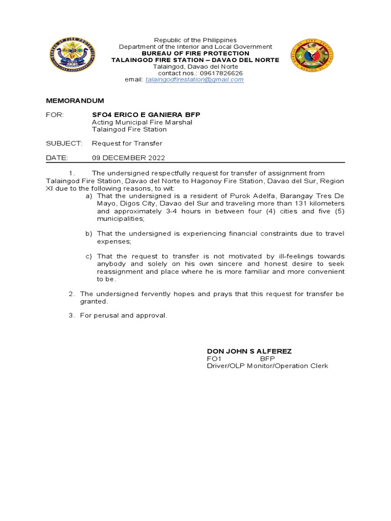 Request For Transfer Of Assignment Don John Pdf Government