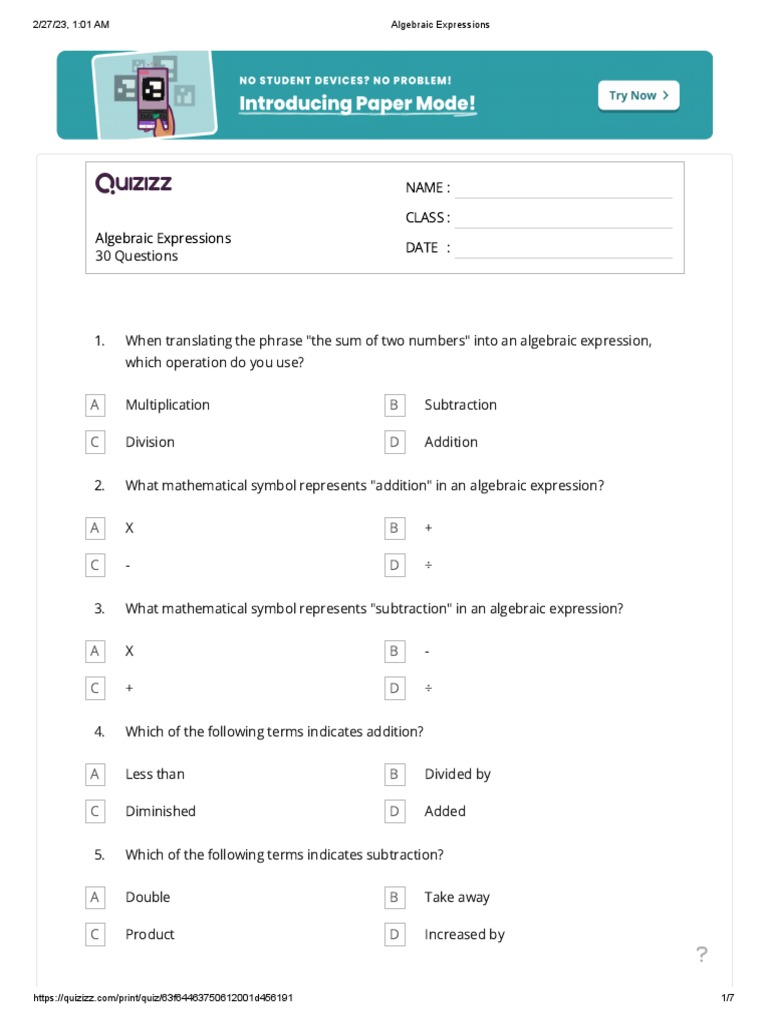 Translating Phrases into Algebraic Expressions: A 30 Question Quiz ...