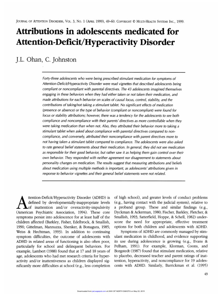 Ohan & Johnston: Attributions in Adolescents Medicated For Attention-Deficit/Hyperactivity ...