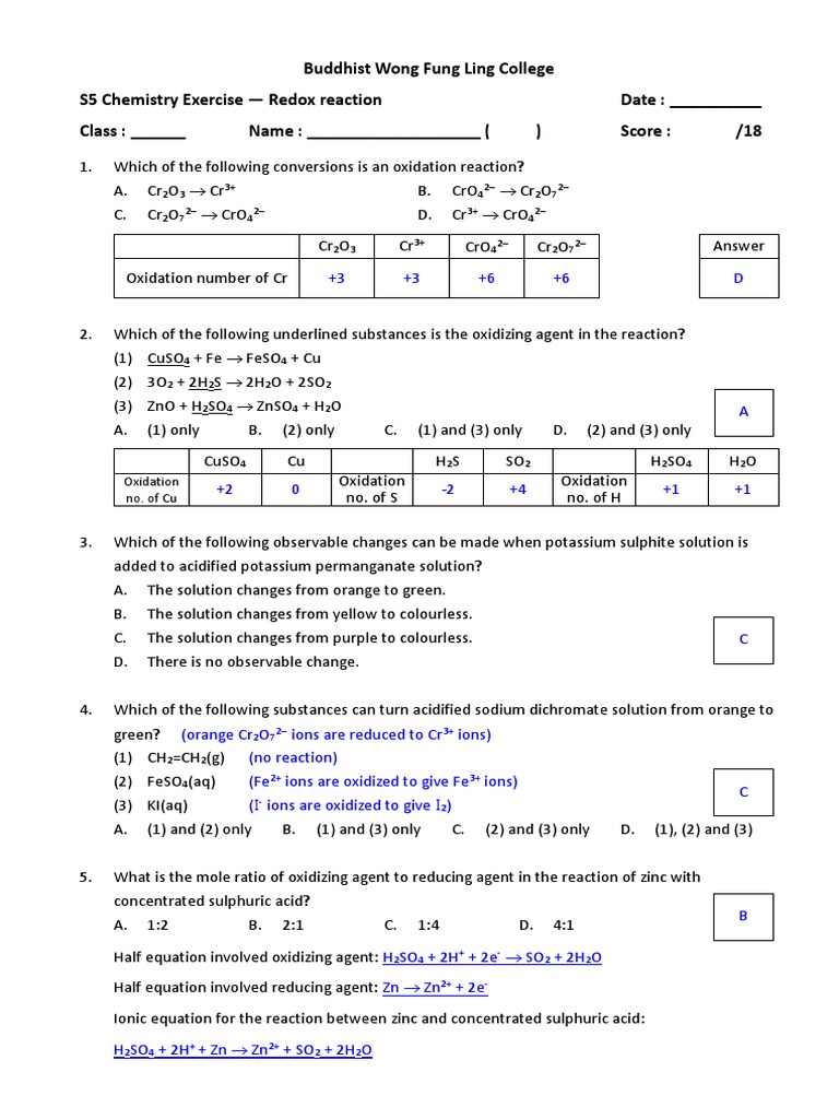 WS2 Redox Reaction Ans | PDF | Redox | Zinc