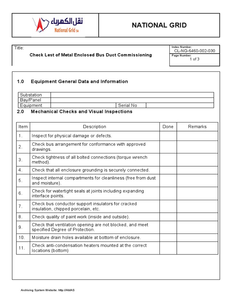 CL-NG-6460-002-030 Checklist For Metal Enclosed Bus Duct Rev00 | PDF | Duct (Flow) | Electrical Grid