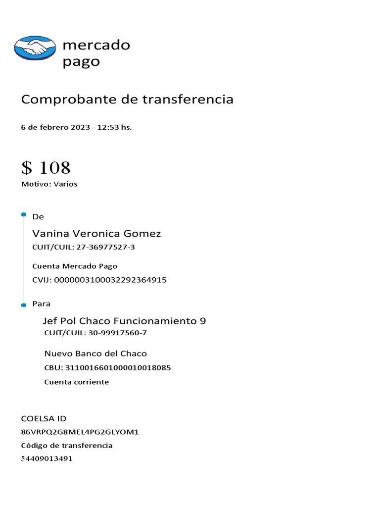 Mercado Pago: Comprobante de Transferencia | PDF