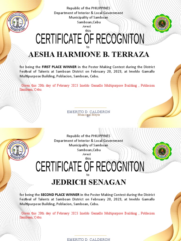 Final - Certificate of Recognition For Winners and Coaches Festival of ...