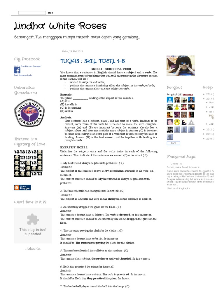 Lindha' White Roses - Tugas - Skiil TOEFL 1-5 | PDF | Verb | Subject (Grammar)