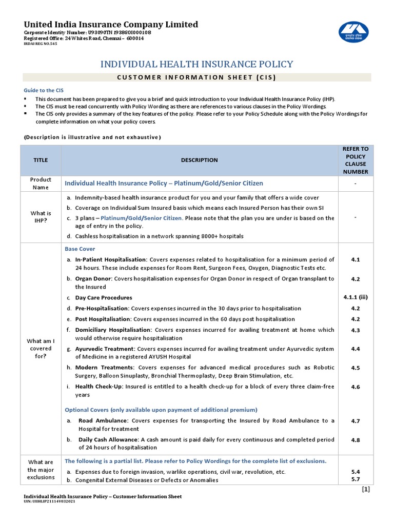 Individual Health Insurance Policy CIS | PDF | Insurance | Hospital