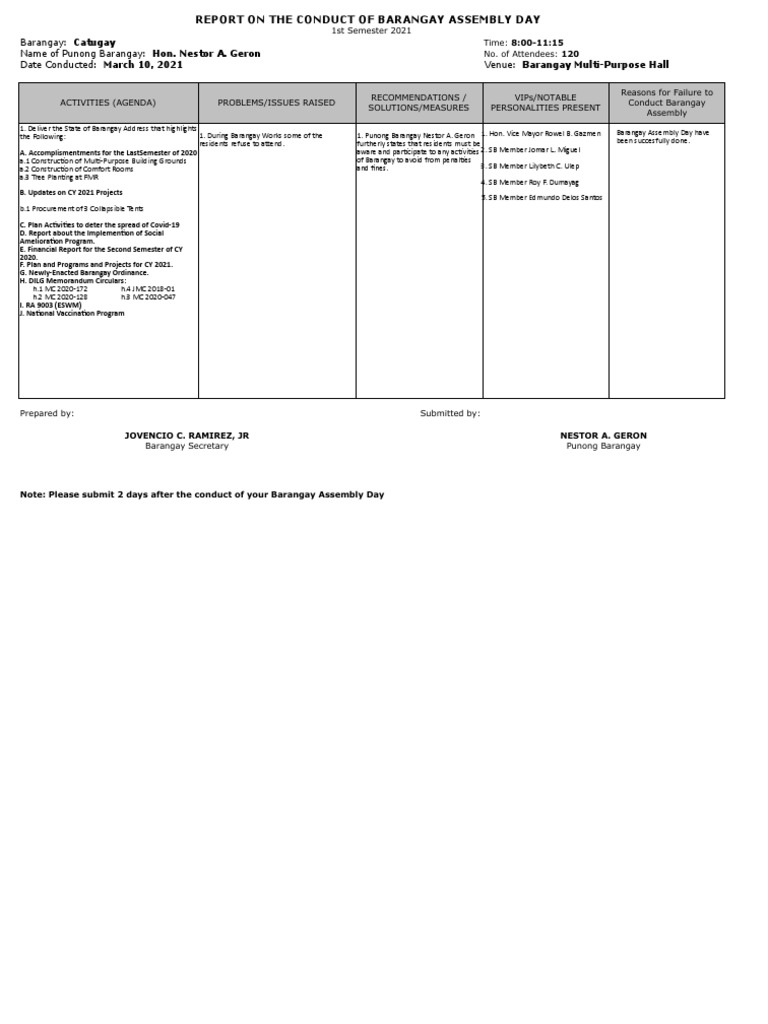 Sbad Form For Barangays 1st Quarter 2021 | PDF