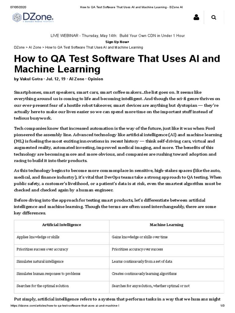 How To Qa Test Software That Uses Ai And Machine Learning Dzone Ai Pdf Artificial