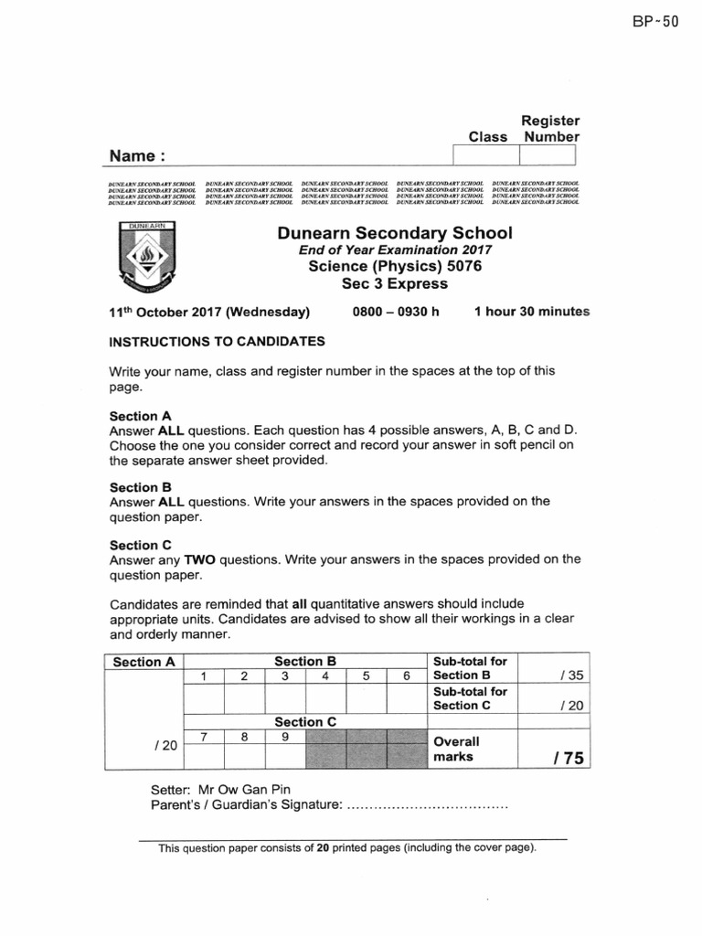 2017 Sec 3 Express Physics SA2 Dunearn Secondary | PDF