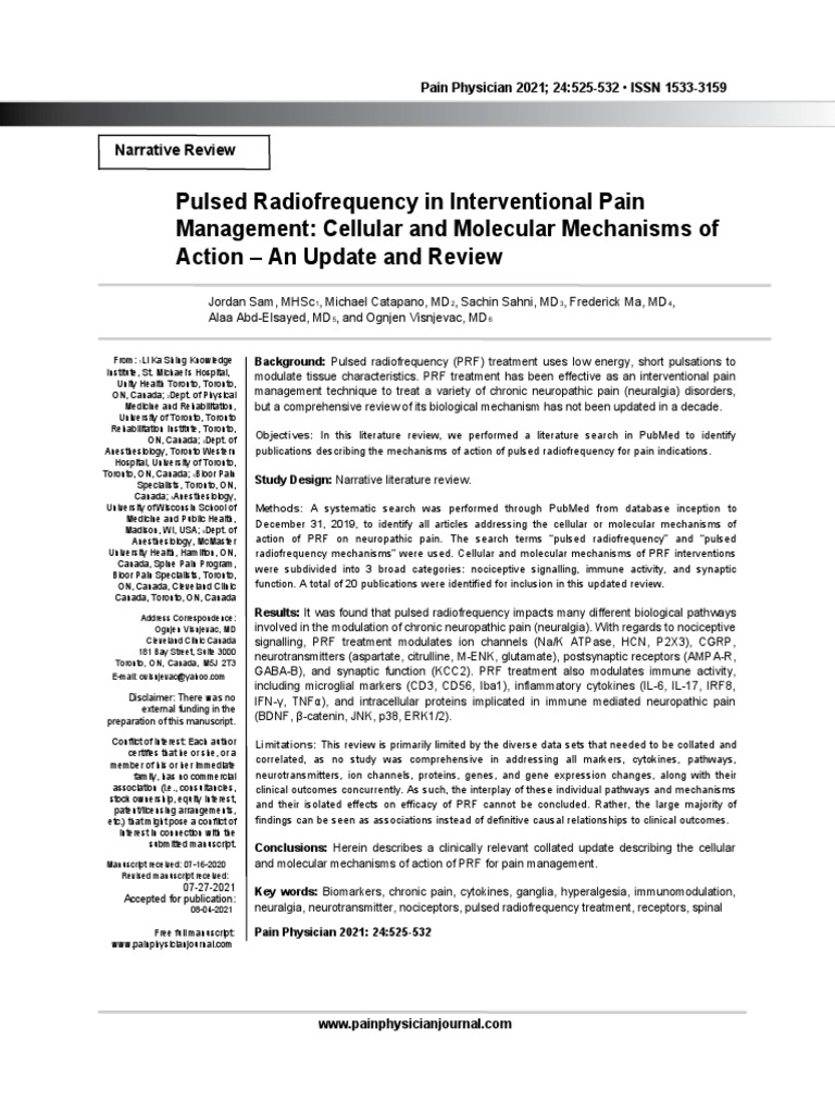 Understanding the Cellular and Molecular Mechanisms of Pulsed Radiofrequency Treatment for ...