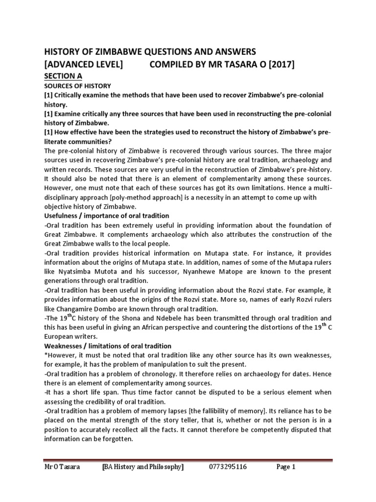 A Level History - (QSN & Answer) Zimbabwean History - Tasara | PDF ...