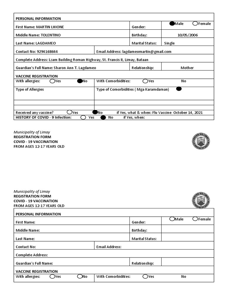 COVID-19 Vaccine Registration Form | PDF | Public Health | Causes Of Death