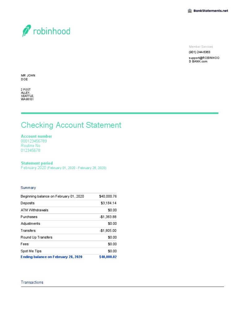 Robinhood Checking Account Statement | PDF | Money | Service Industries
