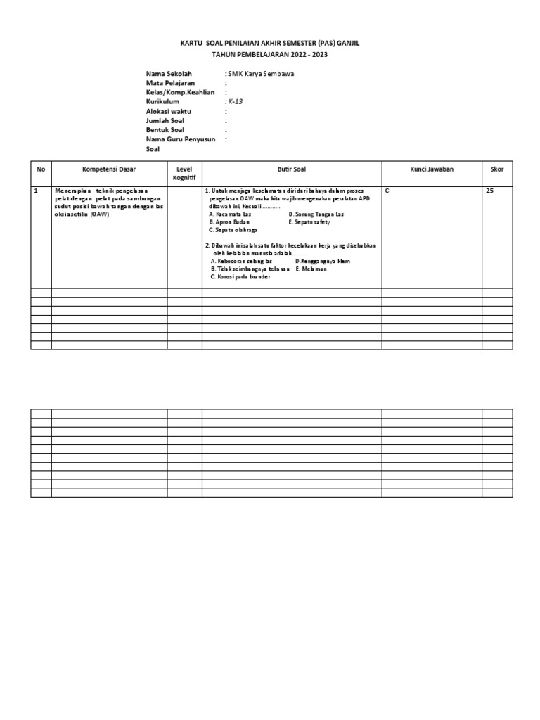 Kartu Soal PAS Ganjil 2022-2023 | PDF