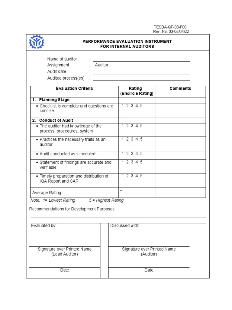 Internal Auditor Performance Evaluation Form | PDF