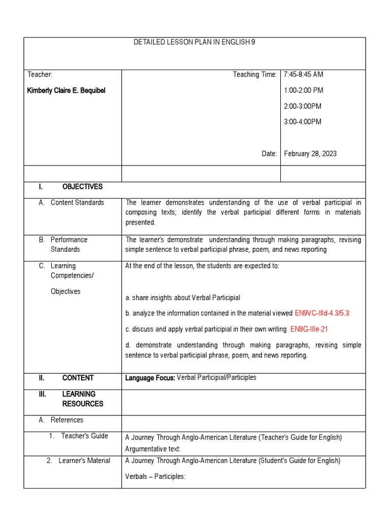 Grade 9 Lesson Plan (Verbal Participial 2) | PDF | Lesson Plan ...