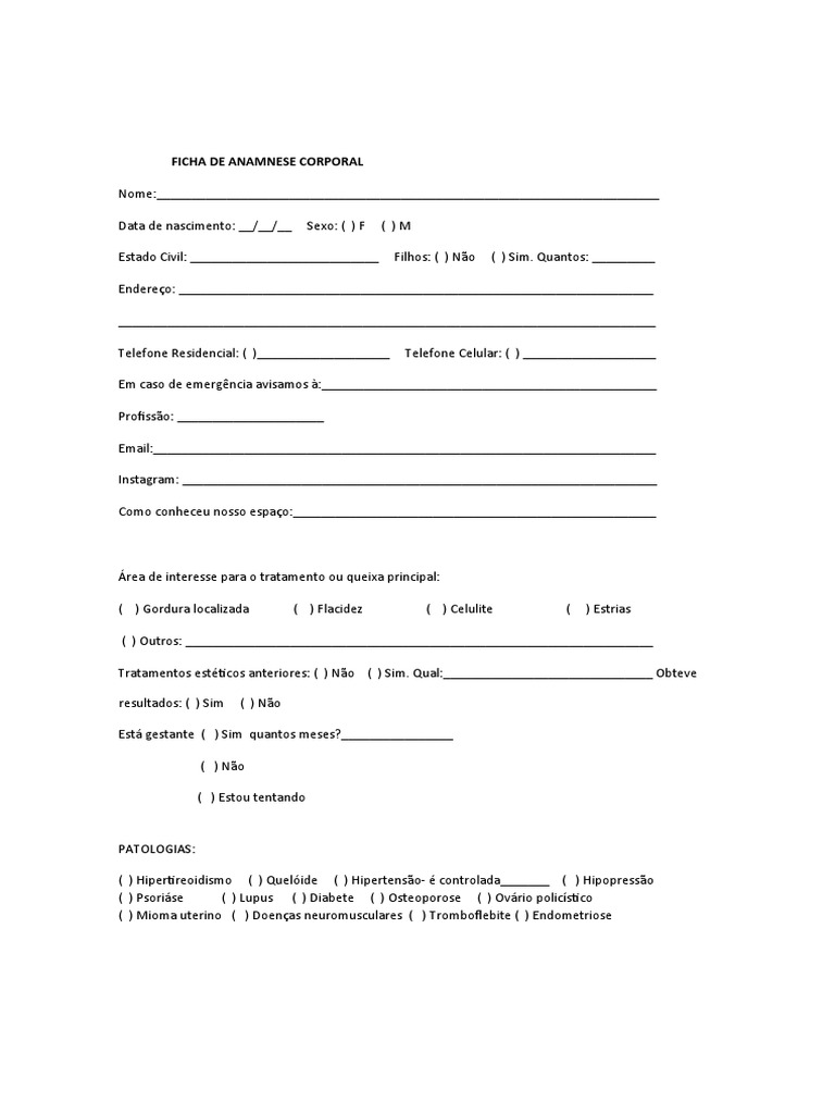 Ficha de Anamnese Corporal | PDF | Especialidades médicas | Medicina ...