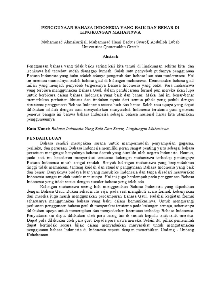 Penggunaan Bahasa Indonesia Yang Baik Dan Benar Di Lingkungan Mahasiswa | PDF | Kajian Bahasa Asing