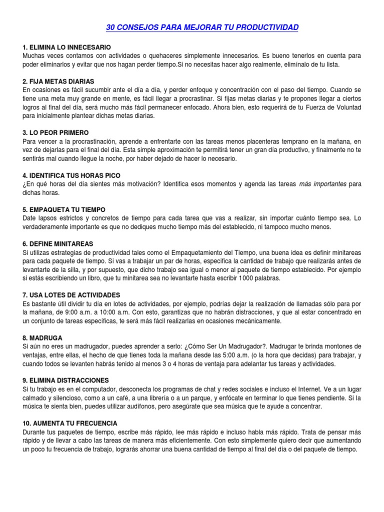 30 Consejos para Mejorar Tu Productividad | PDF
