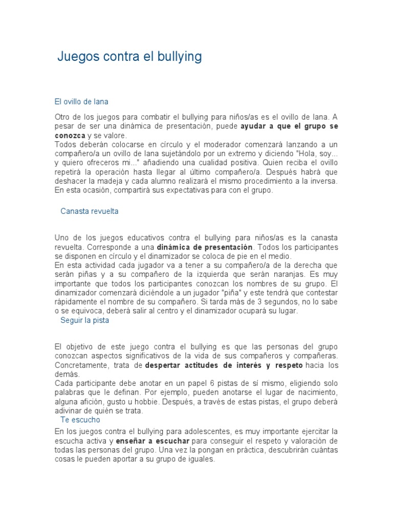 Juegos contra el bullying para adolescentes | PDF