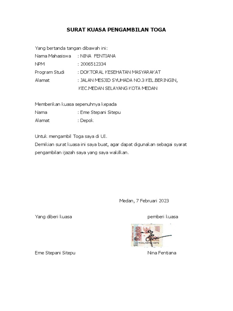 Surat Kuasa Pengambilan Toga | PDF