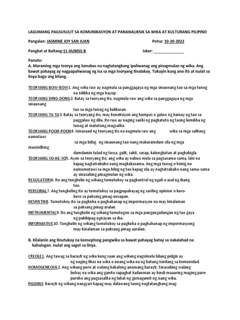 Lagumang Pagsusulit Sa Komunikasyon at Pananaliksik Sa Wika at ...