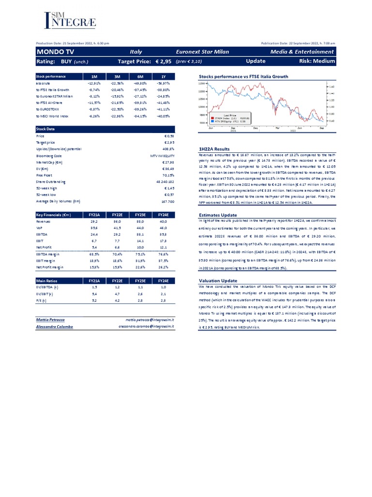 Mondo TV Informe | PDF | Valuation (Finance) | Working Capital
