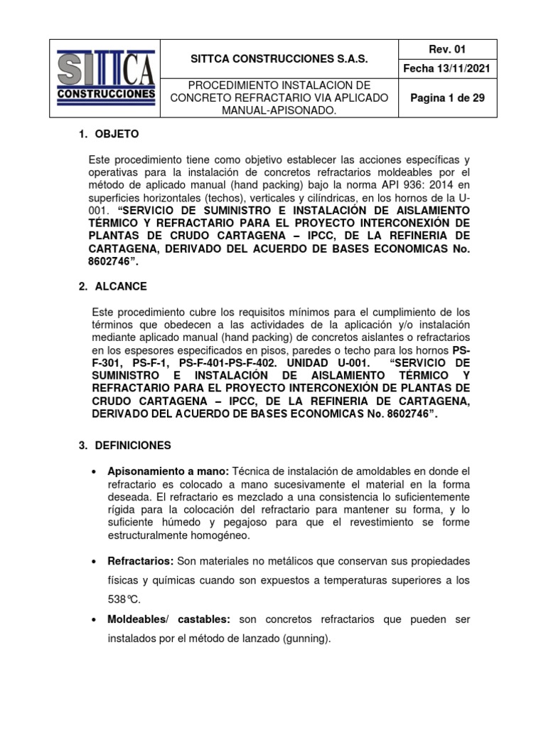 PROCEDIMIENTO INSTALACION DE CONCRETO REFRACTARIO VIA APLICADO MANUAL ...