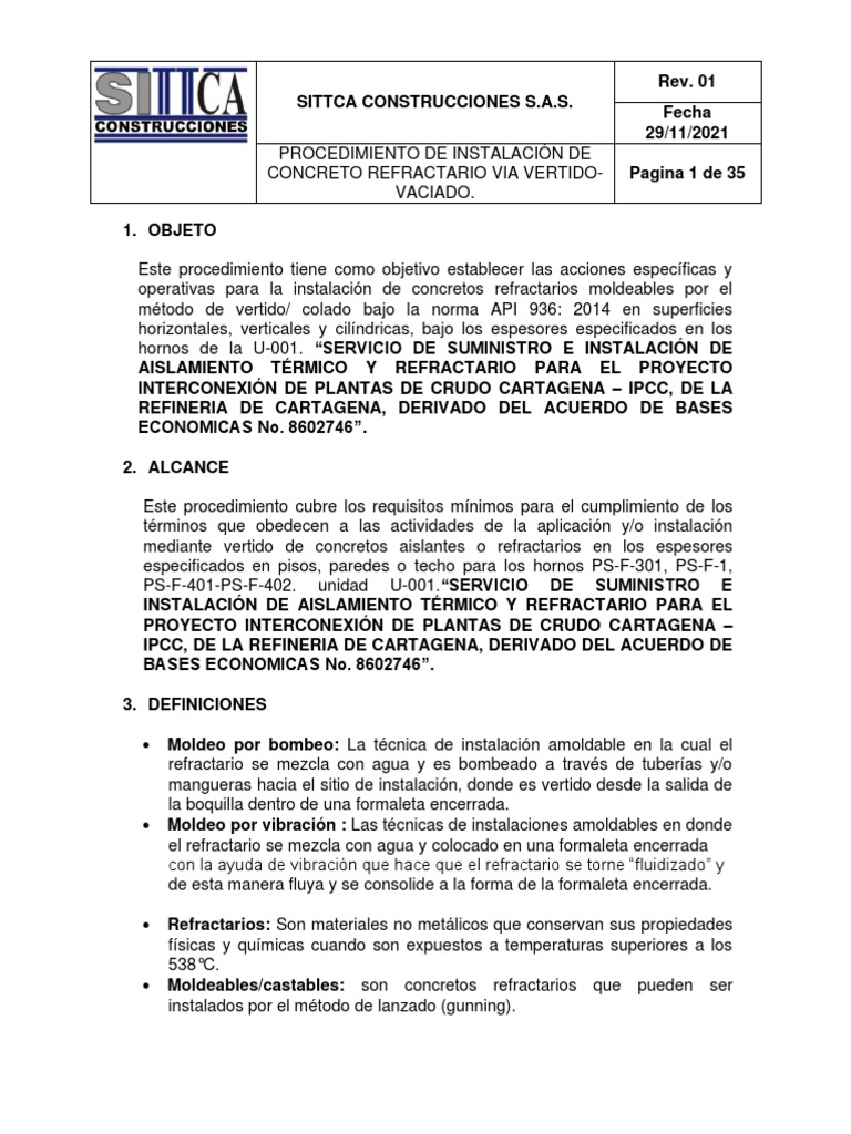 PROCEDIMIENTO PROC INSTALACION DE CONCRETO REFRACTARIO VIA VERTIDO ... PROCEDIMIENTO PROC INSTALACION DE CONCRETO REFRACTARIO VIA VERTIDO ...