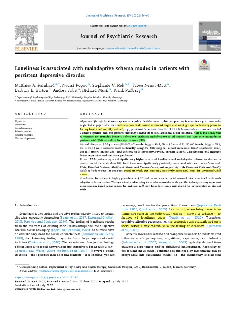 (2022) Loneliness Is Associated With Maladaptive Schema Modes in Patients With Persistent ...
