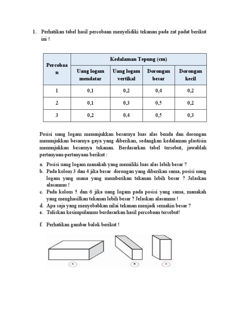 Perhatikan Tabel Hasil Percobaan Menyelidiki Tekanan Pada Zat Padat ...