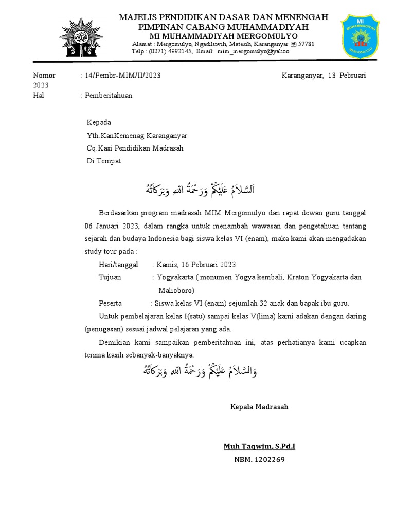 B. Pemberitahuan Study Tour Ke Kemenag 14 | PDF