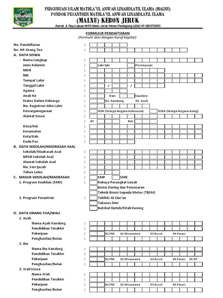 Formulir & Administrasi Ppdb Smp & Smk Malnu Pusat Menes | PDF