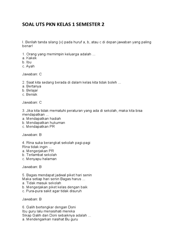 Soal Uts PKN Kelas 1 Semester 2 | PDF