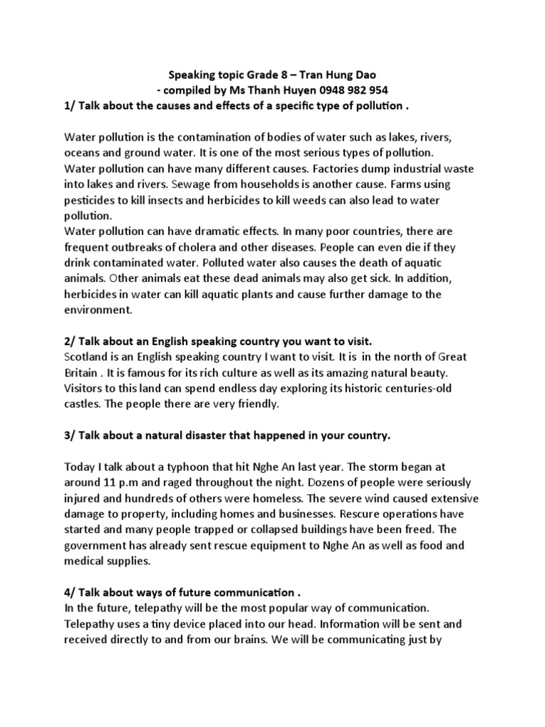 Speaking Topic Grade 8 | PDF | Water Pollution | Water