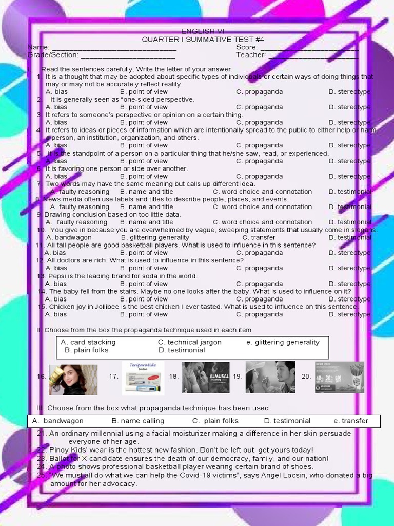 ENGLISH 6 - Q1 Summative Test #4 | PDF | Propaganda | Bias