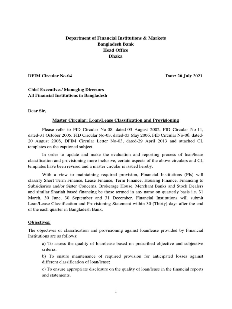 DFIM Circular 04: Loan Classification Update | PDF | Loans | Banks