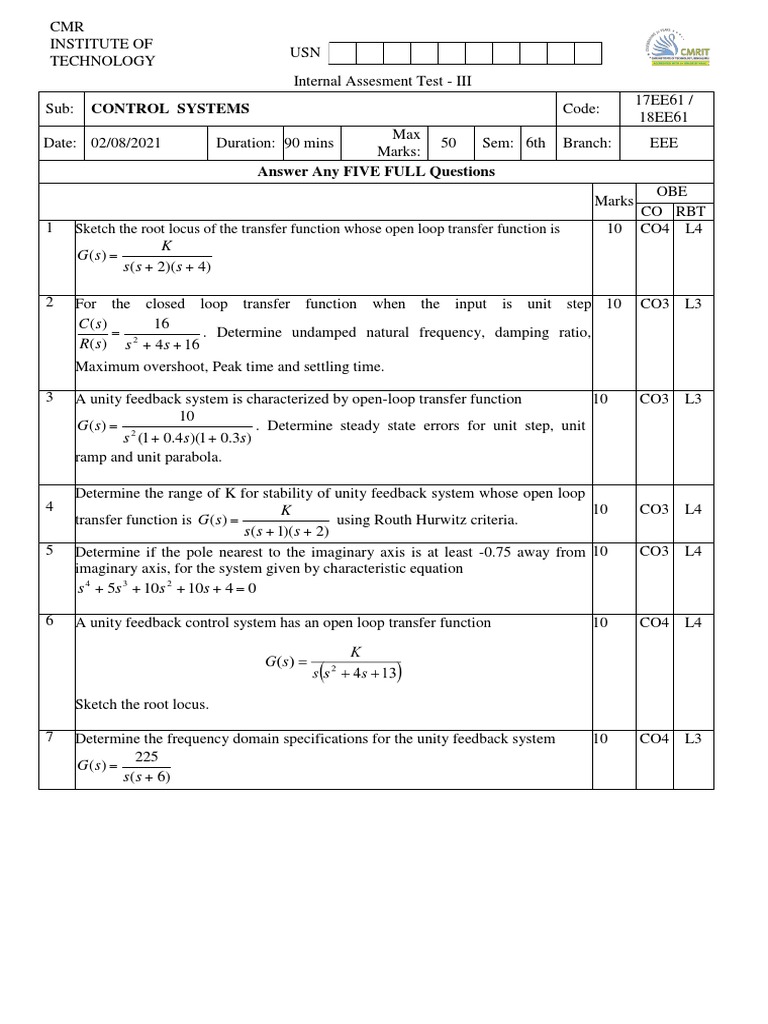 IAT-III Question Paper With Solution of 18EE61 Control Systems July ...