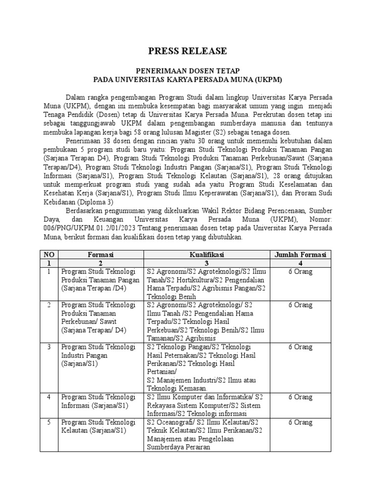 Press Release (Penerimaan Dosen) | PDF | Pengembangan Diri