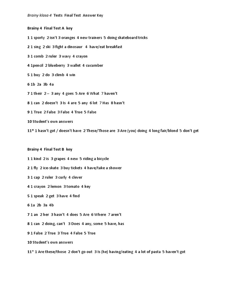 Brainy 4 Final Tests Answer Key | PDF | Sports & Recreation