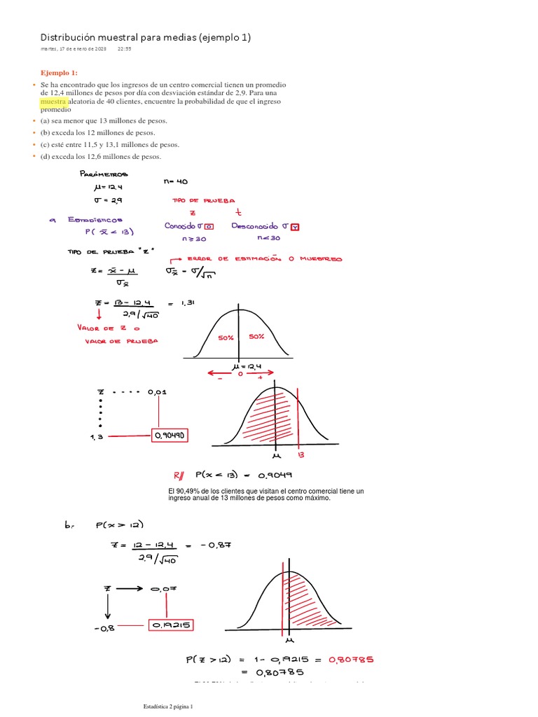 Distribución Muestral para Medias (Ejemplo 1) | PDF