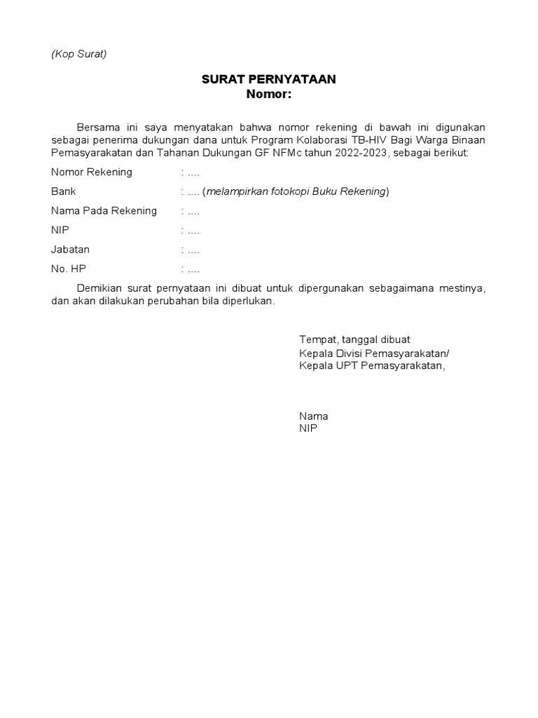 Contoh Surat Penunjukan Nomer Rekening | PDF