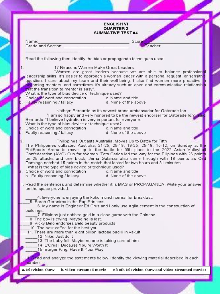ENGLISH 6 - Q2 - Summative Test 4 | PDF | Fallacy | Communication