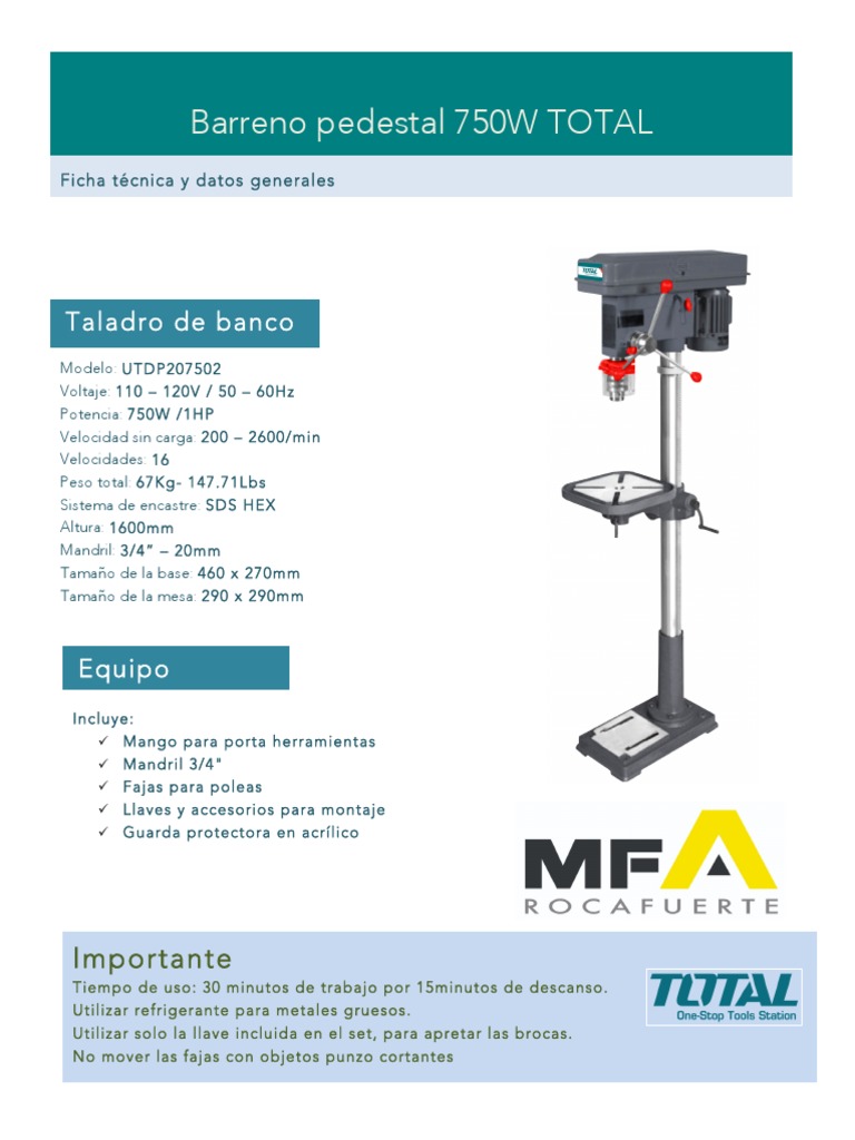 Ficha Técnica Barreno Pedestal 750W TOTAL | PDF
