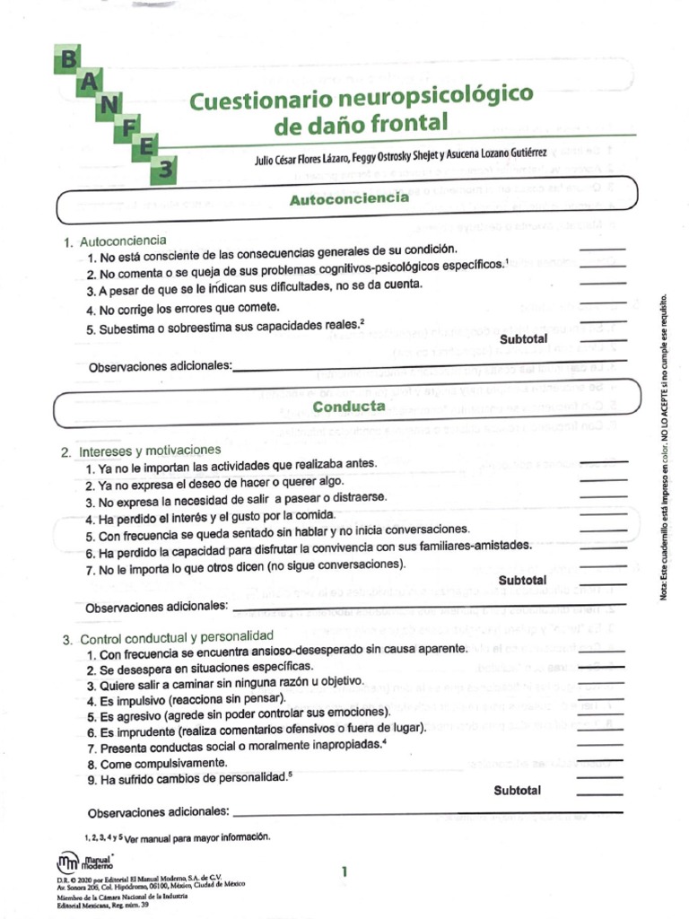 Cuestionario Daño Frontal BANFE 3 | PDF