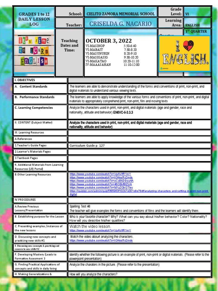DLL - English 6 - Q1 - W5 - D1 - Dbow | PDF | Learning | Teachers