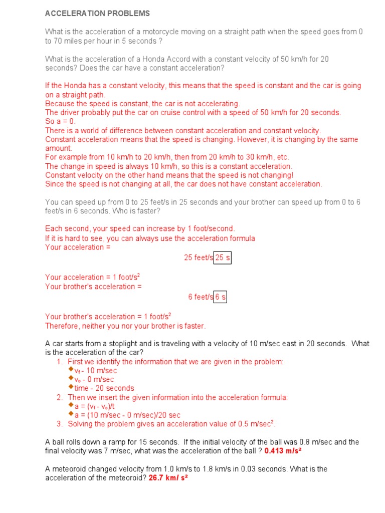 Problem Set For Acceleration | PDF | Speed | Acceleration