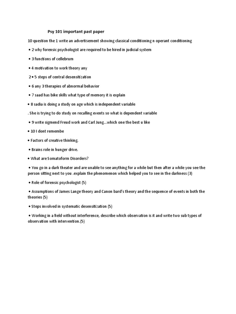 Psy 101 Important Past Paper | PDF